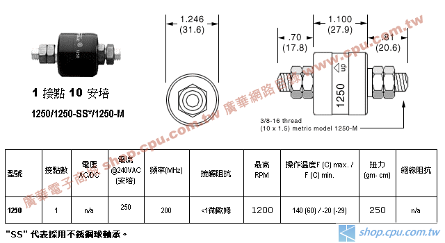 MERCO-1250MX (M1250MX) 美製Mercotac 1P 250A 1200rpm模組型電路旋轉連接器(公制牙不鏽鋼) | 廣華電子