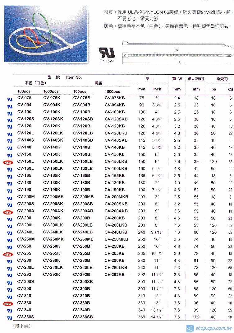 CV-250B (CV250BK) 4.8x250mm尼龍紮線帶(一次型,黑,100入) | 廣華電子