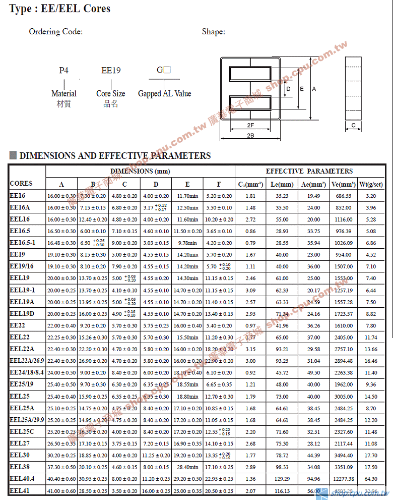 CORE-EE42 42mm E型高頻鐵粉芯(不含線圈架) | 廣華電子