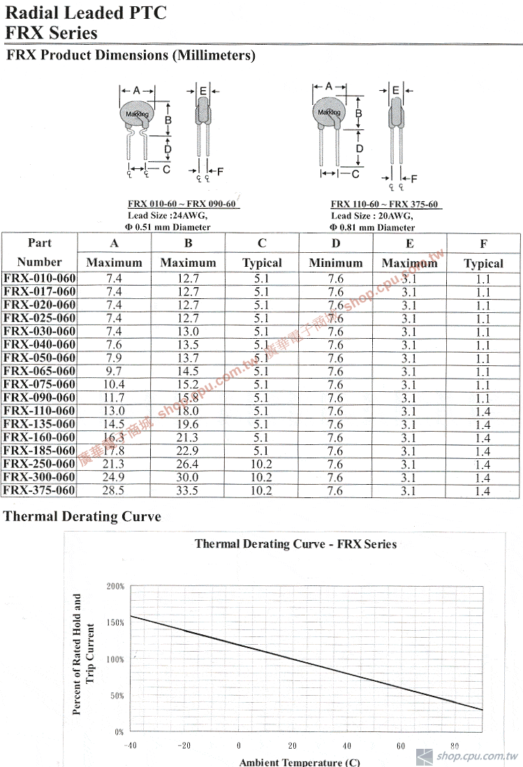 FRX075-60 (FRX075-60F/FRX075-60) 0.75A 60V可復式電子保險絲(PTC) | 廣華電子