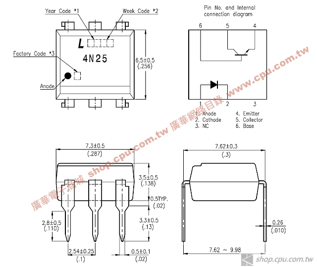4N25 4N25 DIP-6 標準1：0.5 光耦合IC | 廣華電子