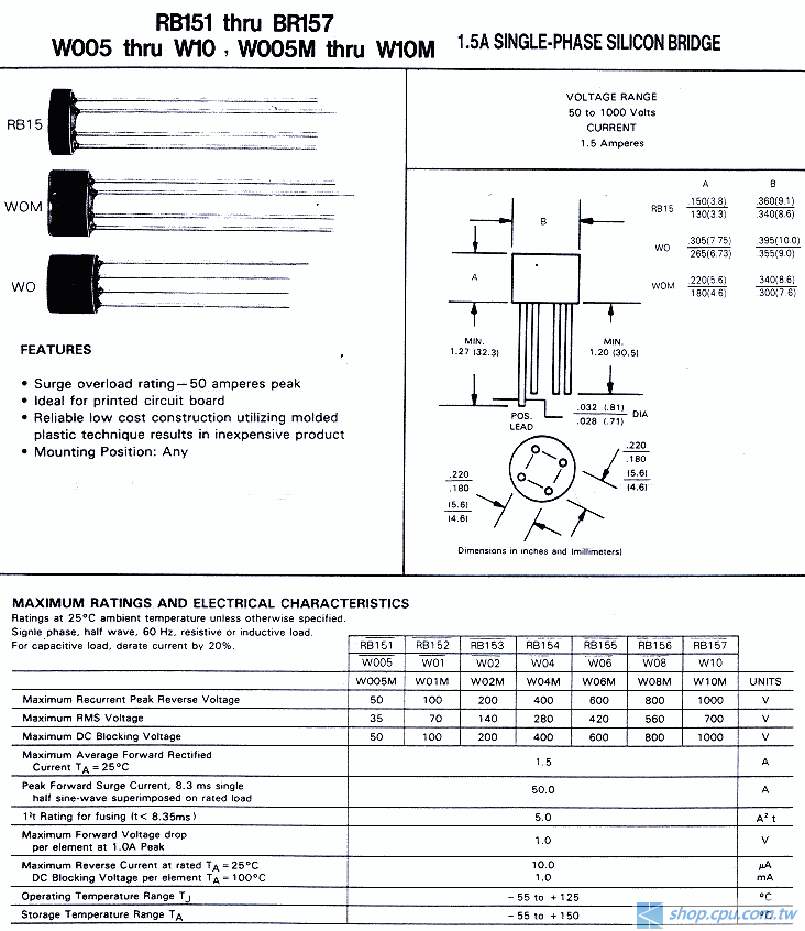 RB154 (W04-B-00-11) 1.5A 400V圓型橋式整流二極體 | 廣華電子