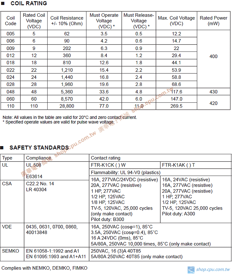 FTRK1-DC12V (FTR-K1AK012T) 日製6Pin 16A 1A接點 DC12V繼電器 | 廣華電子