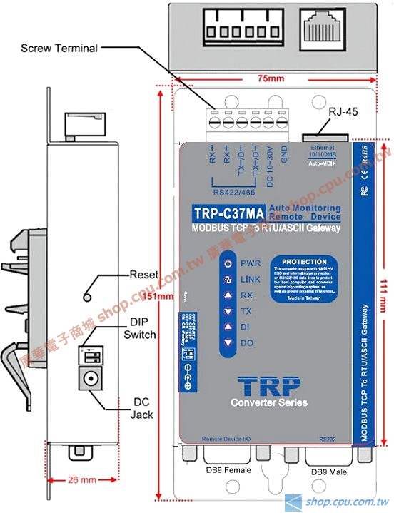 TRPC37MA (TRP-C37MA) 10/100M Modbus TCP轉ASCII/RTU Gateway協定轉換器含遠程監控 | 廣華電子