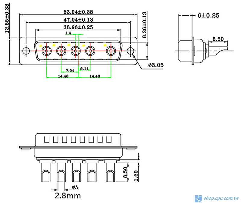 DB5W5-20S 5W5 20A大電流純銅鍍金D型焊線母頭 | 廣華電子